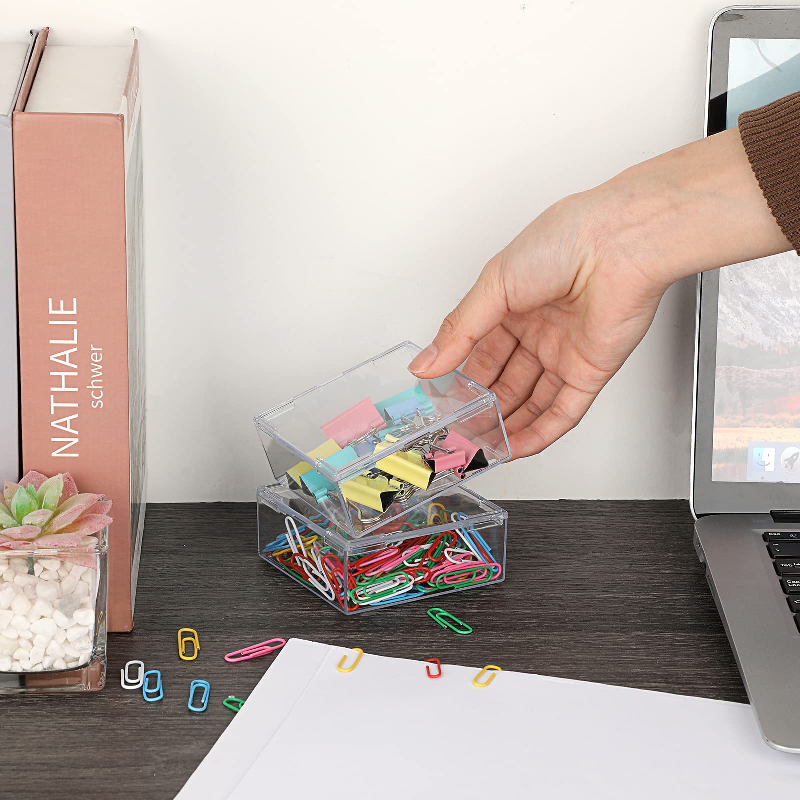 BTSKY Clear Plastic Small Storage Containers with Lid Mini Clear Boxes for Organizing Stackable Paper Clips Holder Multi-use Bead Organizers for Clips, Rhinestones, Hairpins and Candy, 6PCS Round