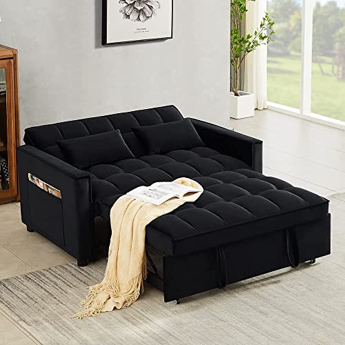 DHHU 52" Sleeper Couch Pull Out Bed, Velvet Convertible Sofa Bed, Loveseat Couch with Toss Pillows and Pockets for Living Room Furniture
