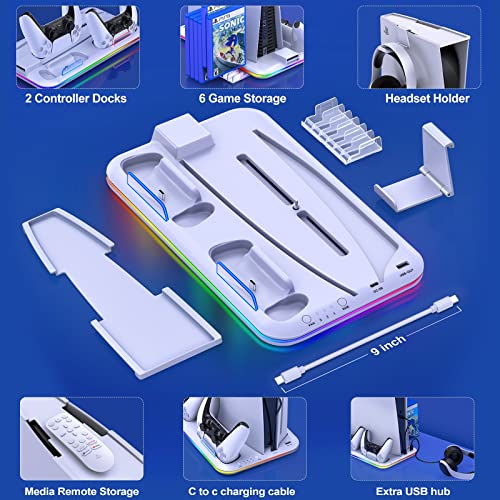 DINOSTRIKE RGB Light PS5 Stand and Cooling Station with Dual Controller Charging Station for Playstation 5 Console, PS5 Accessories for PS5 Console with Headset Holder, 6 Game Slots, Screw White