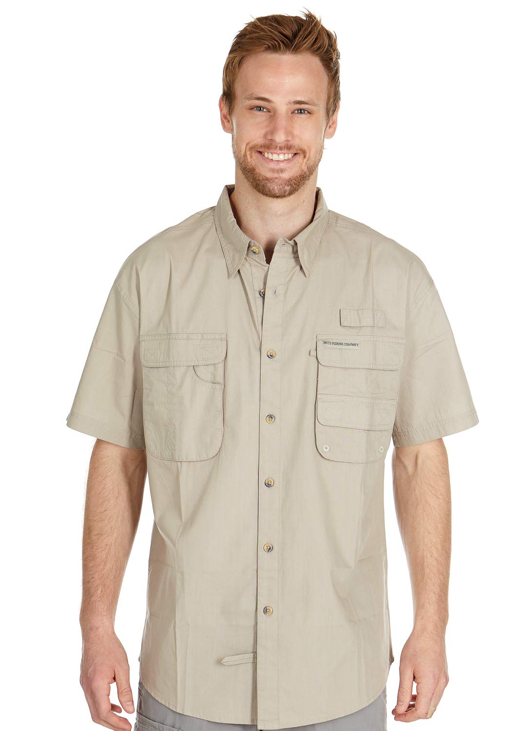 Baits Fishing Company | Men's Performance Fishing Shirt | Short Sleeve | Button Down | Vented | 100% Cotton (Sand, Large)