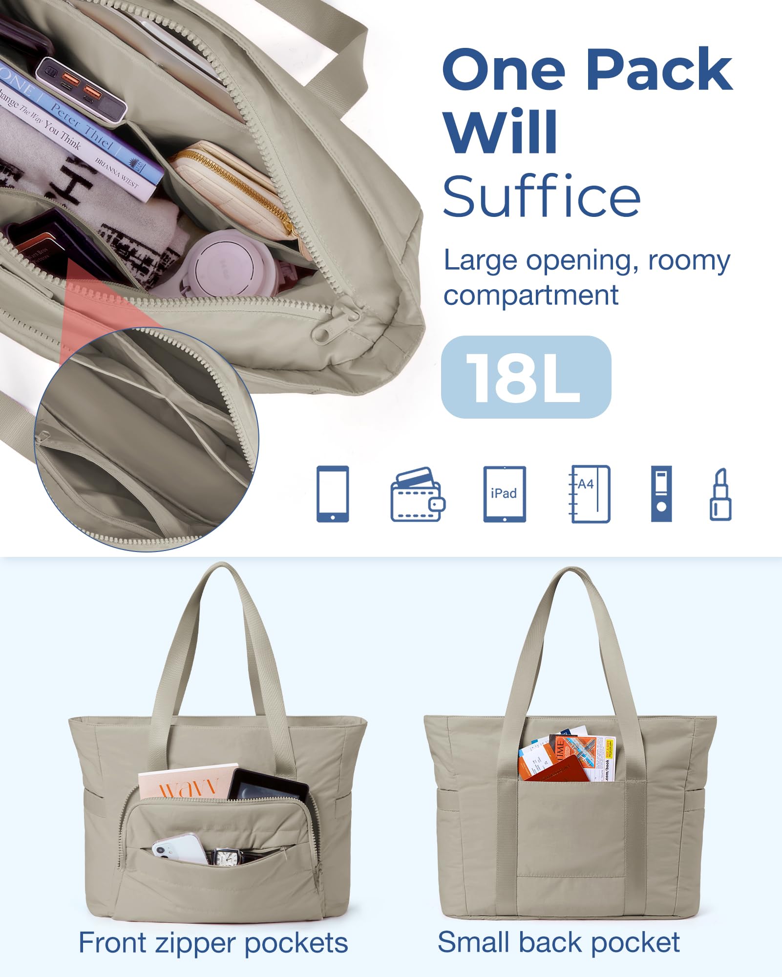 BAGSMART Tote Bag for Women, Lightweight Large Tote Bag with Compartments and Yoga Mat Strap, Quilted Shoulder Bag Handbag for Travel, Work, Gym, Camel