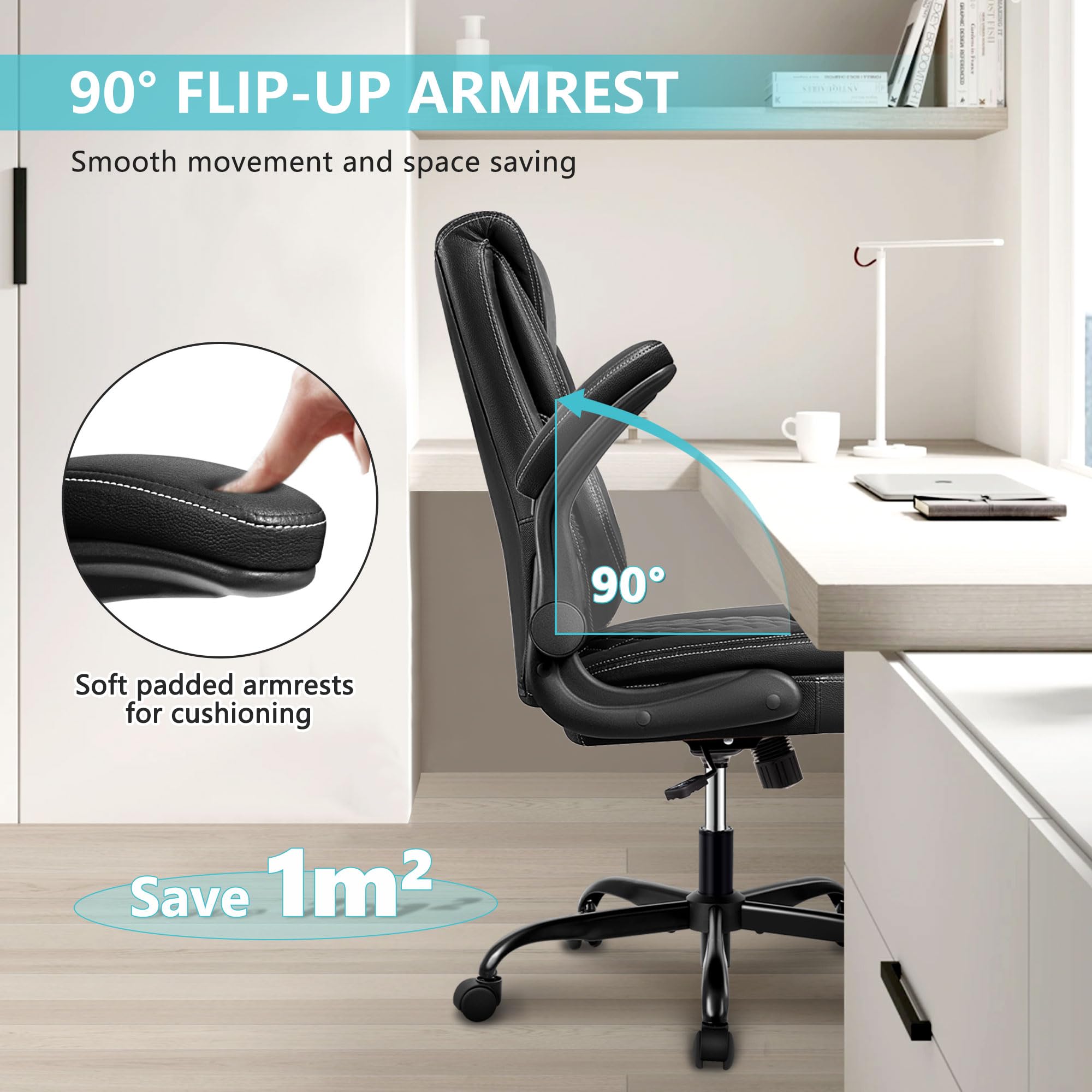 BestEra Office Chair, Executive Leather Chair Home Office Desk Chairs, Ergonomic Computer Desk Chair with Adjustable Flip-Up Arms, Lumber Support Swivel Task Chair with Rocking Function (Black)