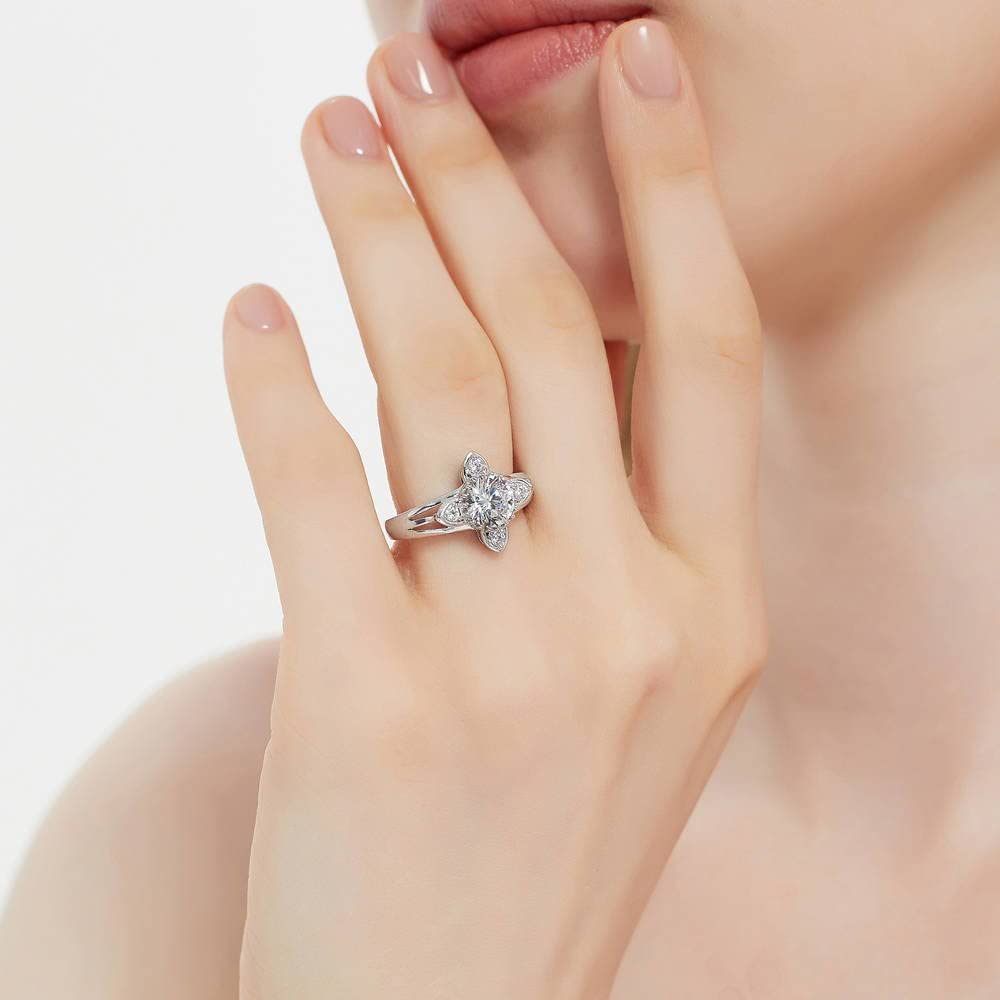 BERRICLE Sterling Silver Flower Cubic Zirconia CZ Fashion Ring for Women, Rhodium Plated Size 7