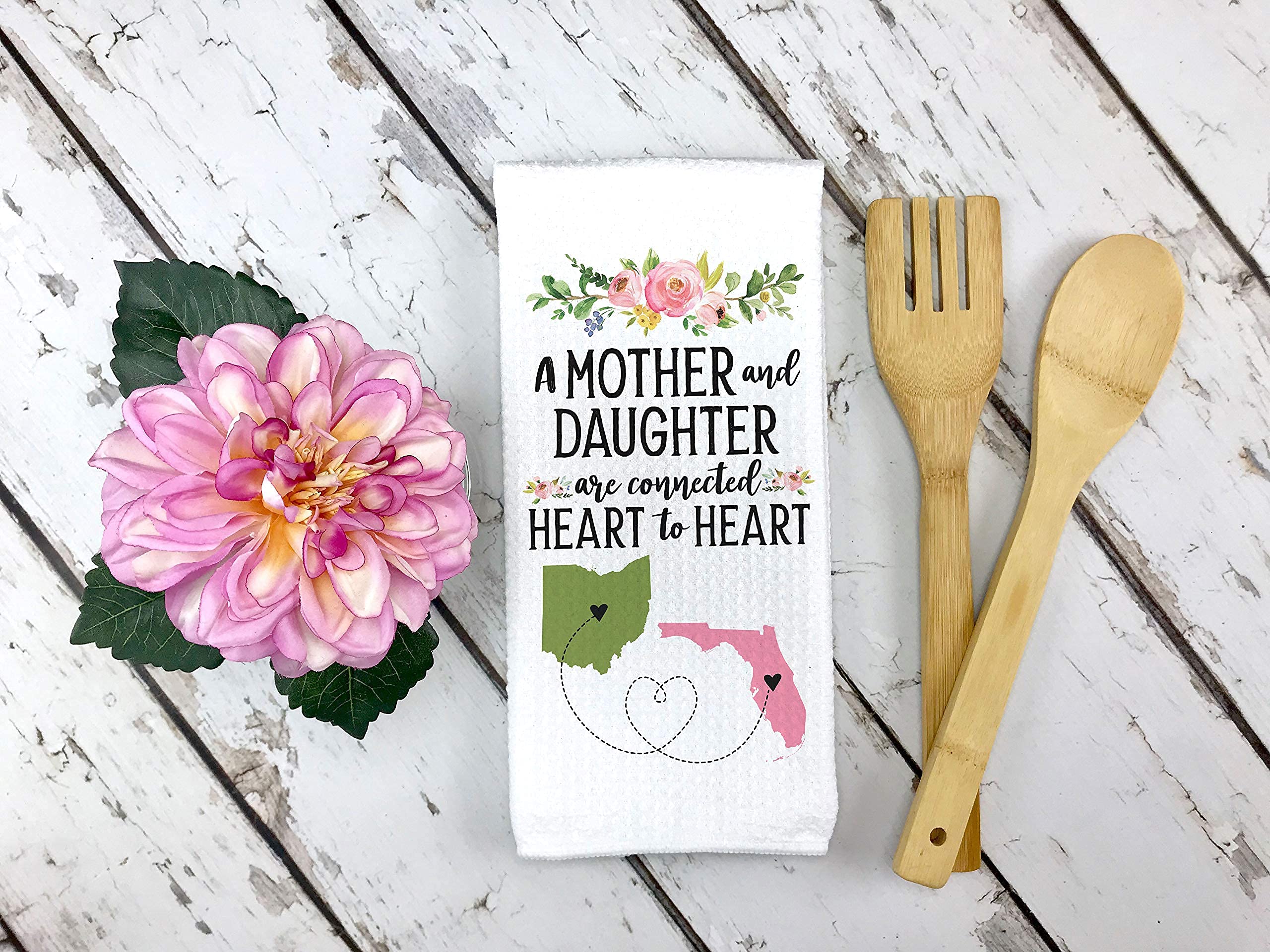 CANARY ROAD Personalized Kitchen Towel | Two State Mother Daughter | Gift For Mom | Gift For Her | Mother Present | Mothers Day Gift | Long Distance Map Gift | Unique Mom Gift | Gift for Daughter