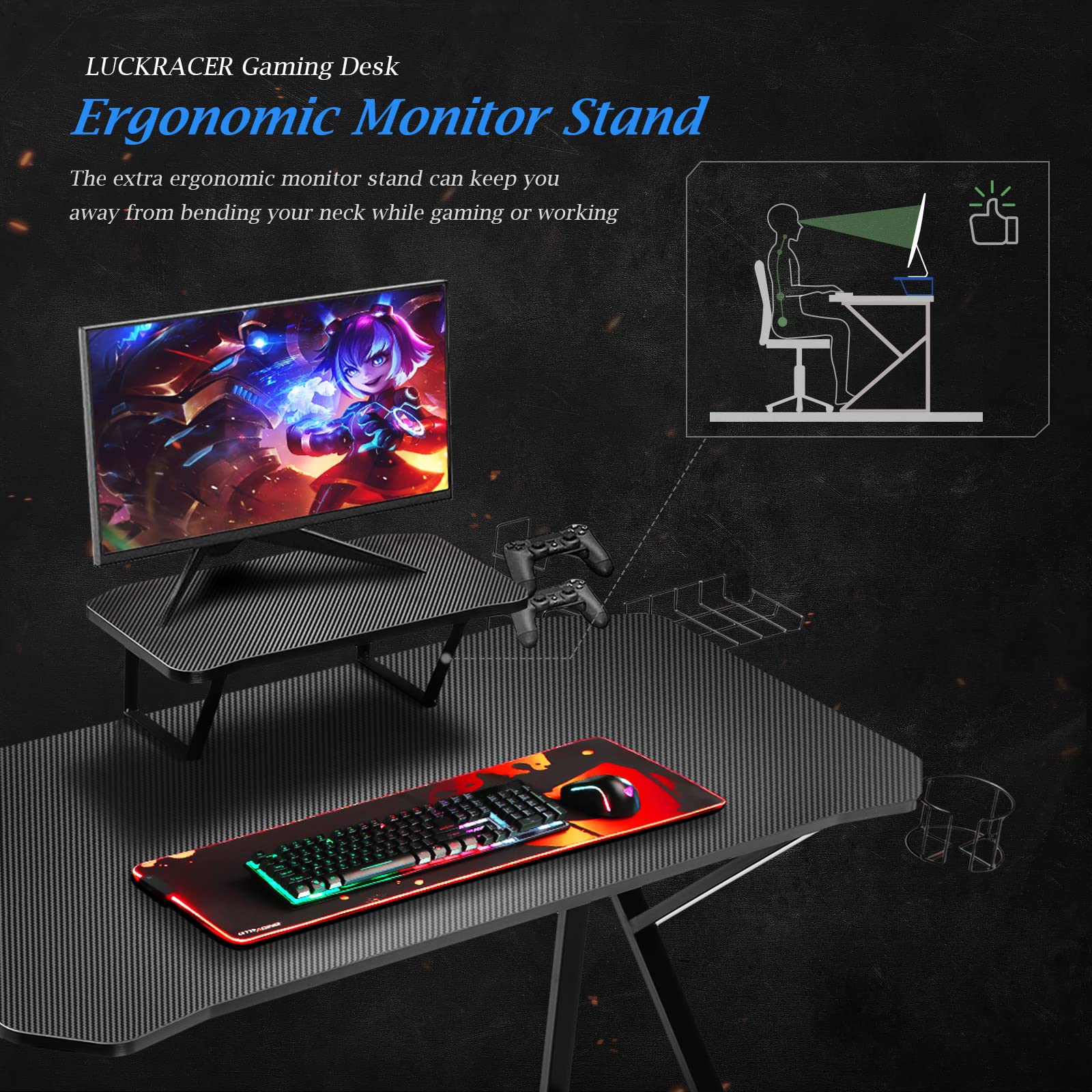 LUCKRACER Gaming Desk,39 Inch Gaming Table,K Shaped Computer Desk with Monitor Stand,Home Office Desk with Hook,CD/Gamepad Holder,Cup Holder and Speaker Holders Blue