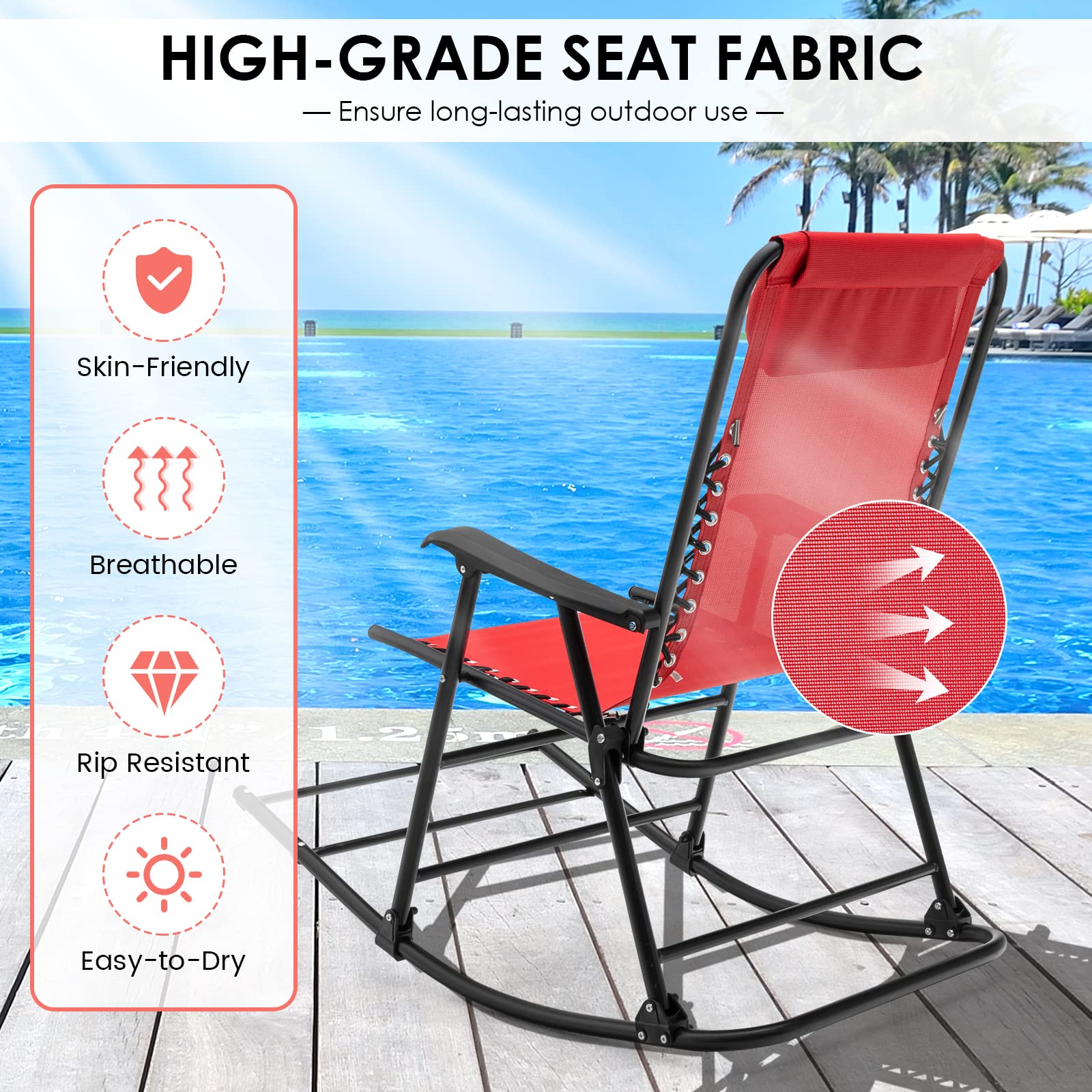 Goplus Folding Rocking Chair, Zero Gravity Rocking Camping Chair with Pillow & Armrests, Folding Lounge Rocker for Outdoor Beach Poolside Yard Garden Indoor (Set of 2, Red)
