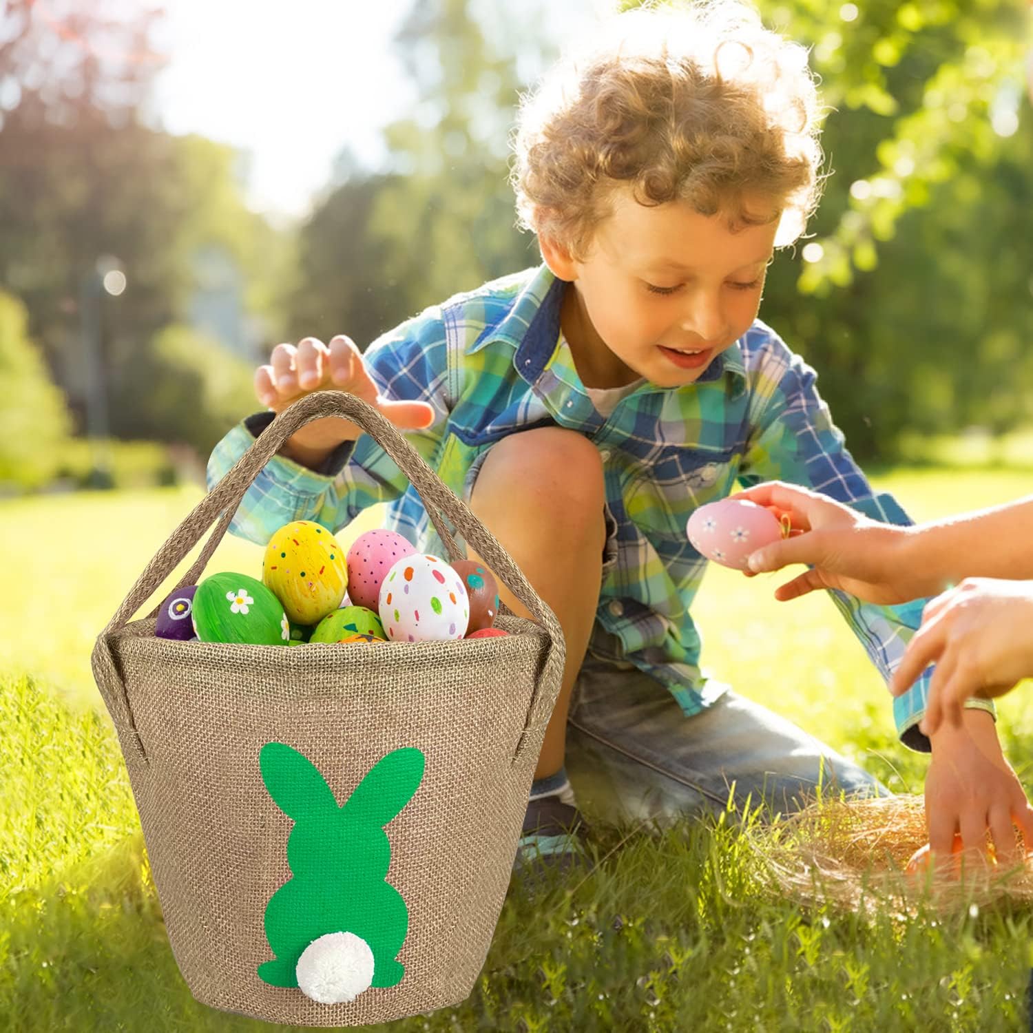 Leesgel Easter Baskets for Kids, Bunny Basket Easter Egg Hunt Baskets, Rabbit Buckets Large Easter Basket Gifts Bags for Boys Girls (Green)
