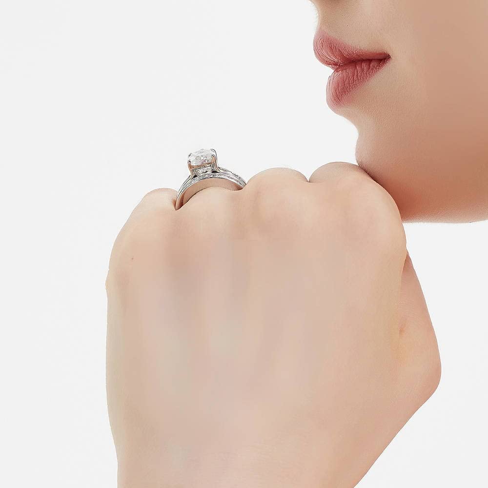 BERRICLE Sterling Silver Solitaire Wedding Engagement Rings 3 Carat Pear Cut Cubic Zirconia CZ Ring Set for Women, Rhodium Plated Size 8