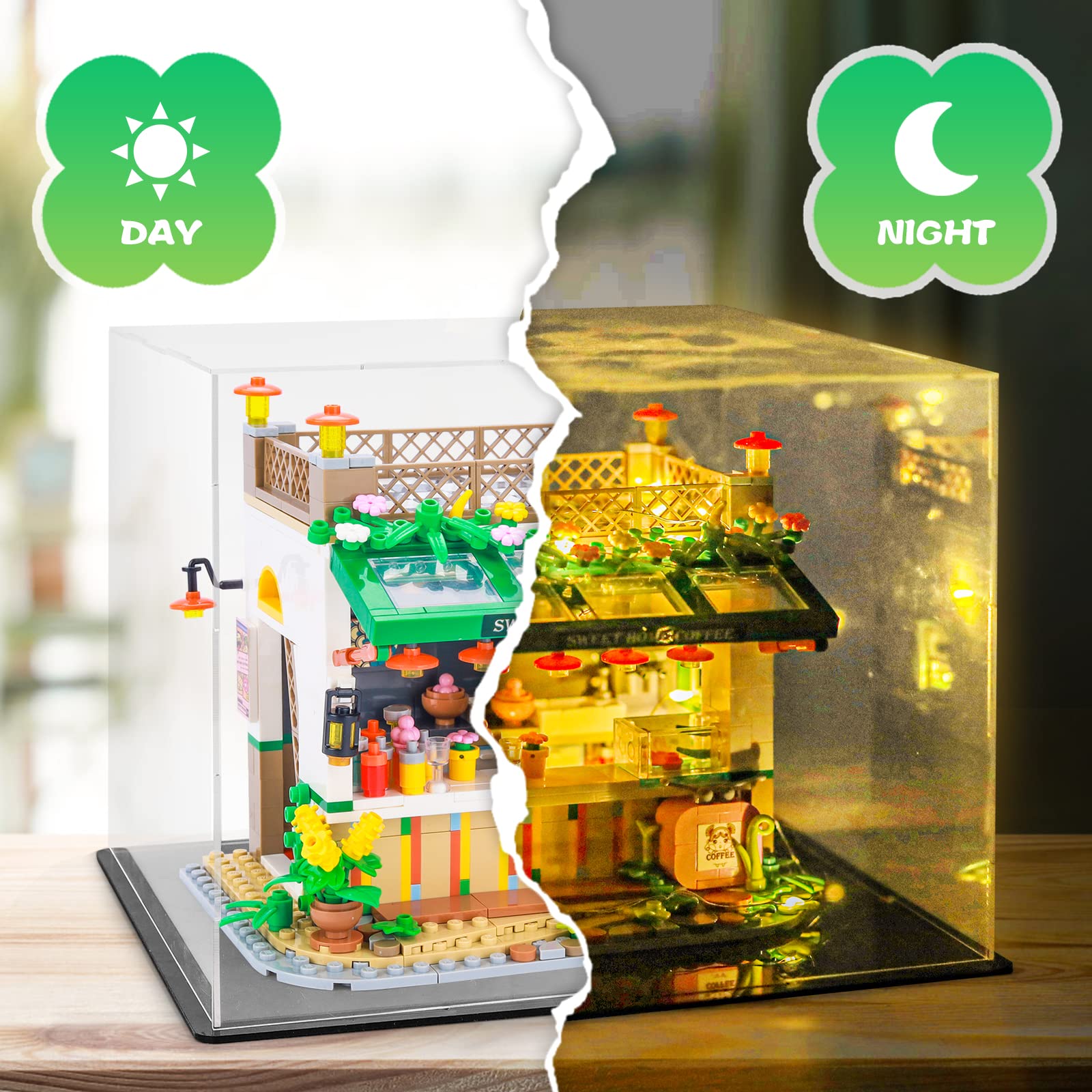 Chifavortoo Flower House Building Set Toys for Kids, Coffee Shop Dessert Micro Mini Building Block Kits Compatible with Lego with Light and Acrylic Display Box, Nice Gift Box 643pcs