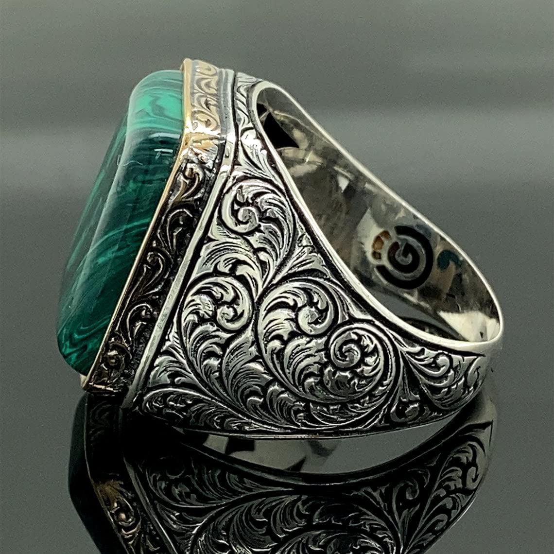 Malachite Gemstone Ring, Men Handmade Ring, Turkısh Handmade Ring, Embroidered Ring, Ottoman Jewelry
