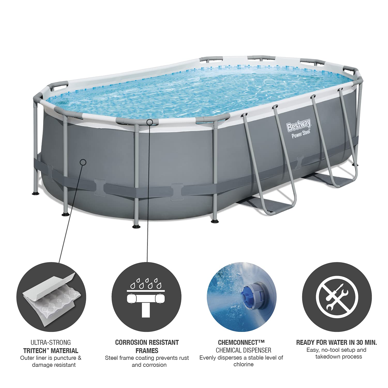 Bestway Power Steel 14' x 8'2" x 39.5" Oval Above Ground Pool Set | Includes 530gal Filter Pump, Ladder, ChemConnect Dispener and Poolmaster 22211 Smart Test 4-Way Pool and Spa Test Strips - 50ct