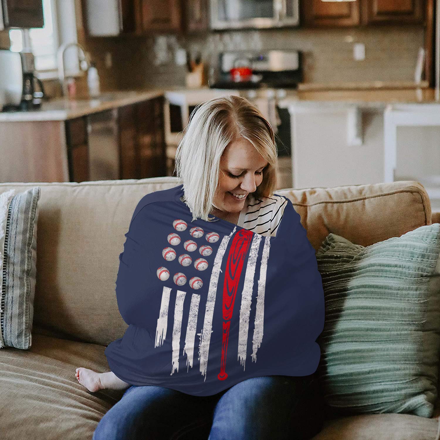 Baby Car Seat Covers American Flag, Nursing Cover Breastfeeding Scarf/Shawl, Infant Carseat Canopy, Stretchy Soft Breathable Multi-use Cover Ups, Baseball Blue White Stripe