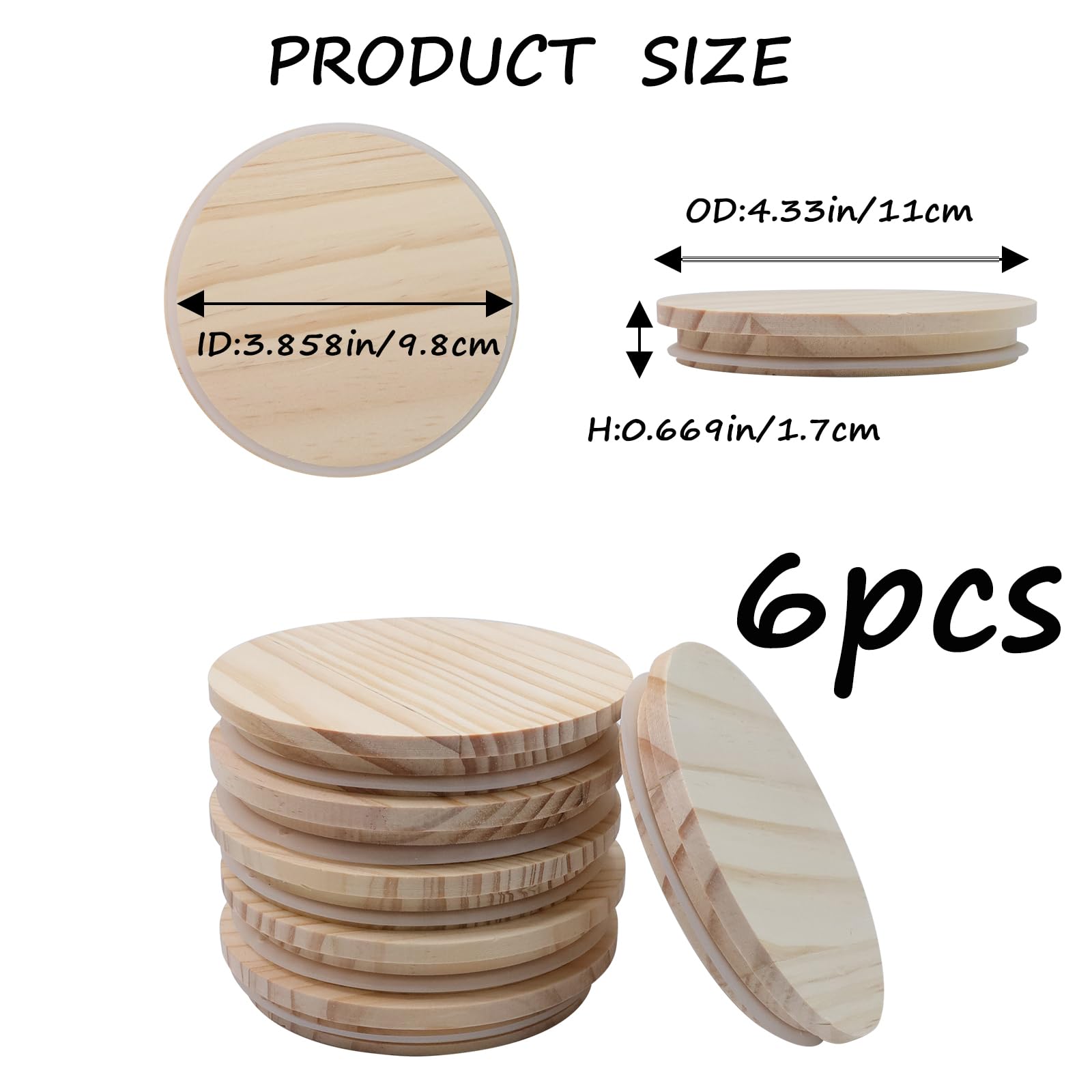 Semetall 6pcs Round Pine Wood Jar Lids with Silicone Sealing Rings 4.3 Inches Diameter Wooden Lids for Coffee Drink Mug Cup Beer Can Glasses