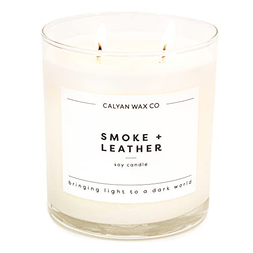 Calyan Wax Scented Candle Smoke & Leather Candle for The Home Scented with Spiced Leather, Soy Wax Aromatherapy Candle in Glass Jar with 37 Hour Burn Time, Non Toxic Scented Candles Gifts
