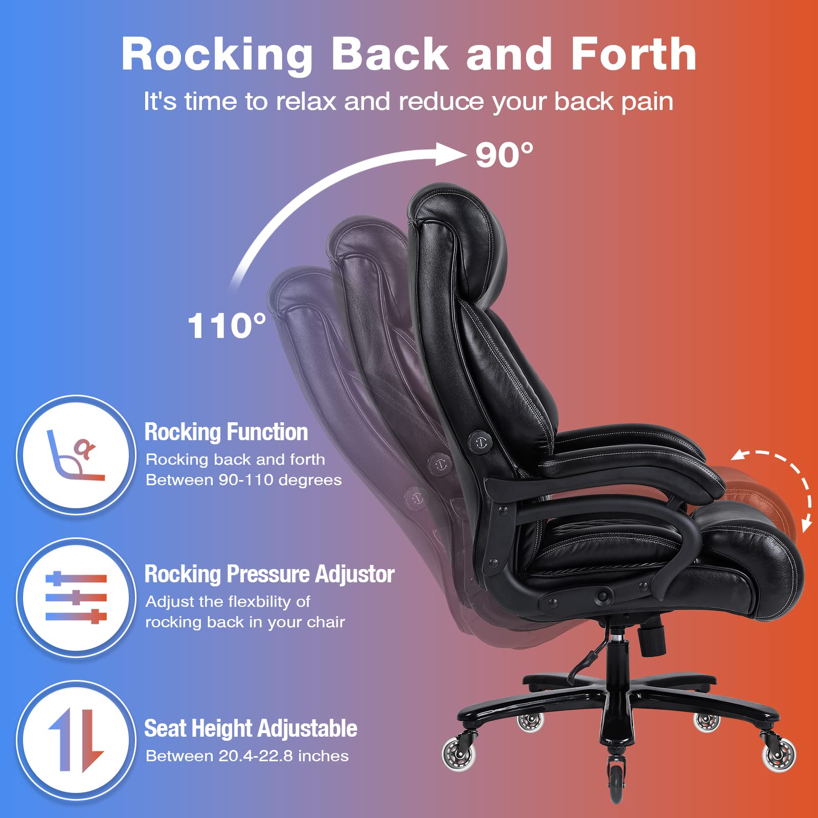 BOSMILLER Big and Tall Office Chair 500lbs for Heavy People with PU Wheels High Back Leather Executive Office Chair with Rocking Function