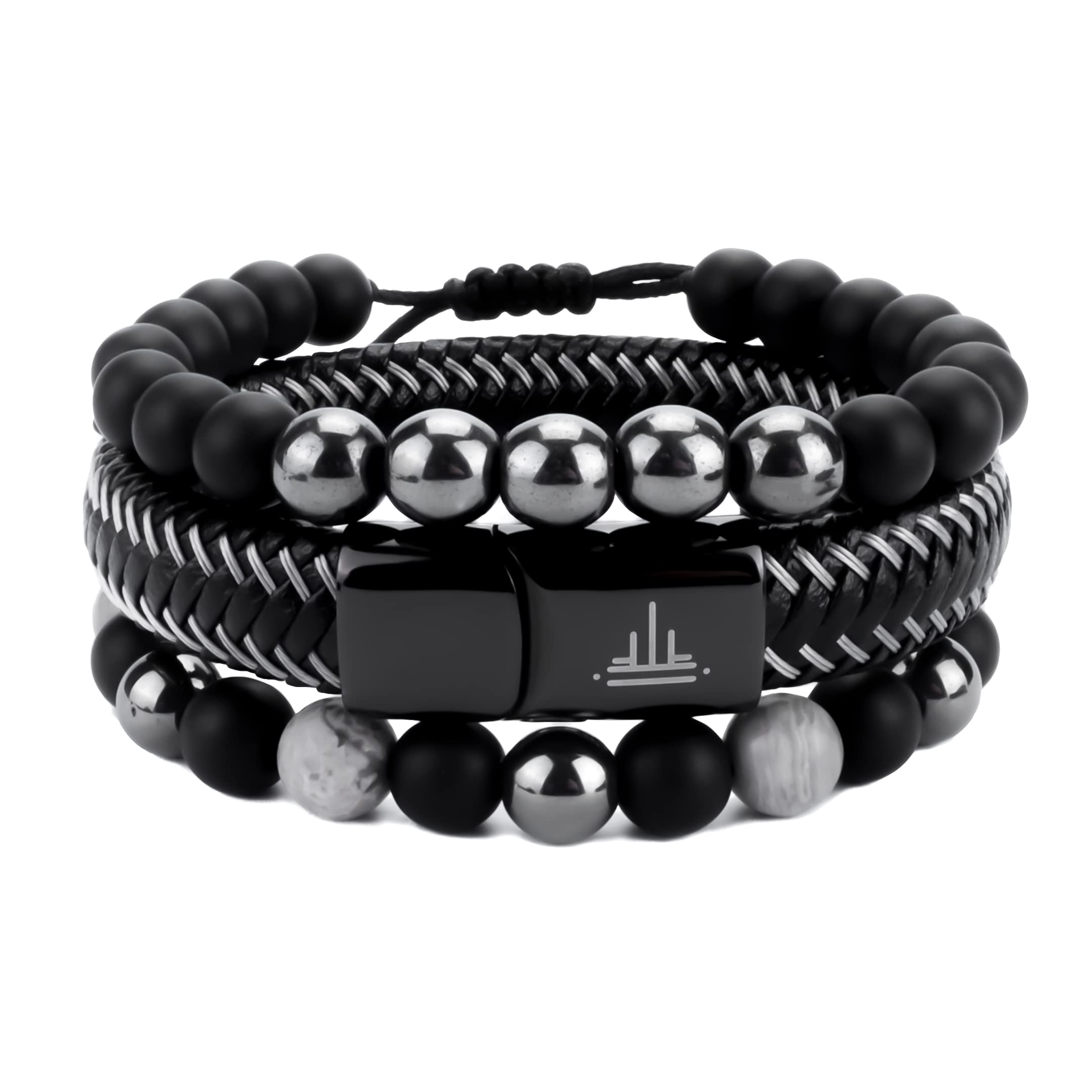 CG85 Genuine black leather bracelet with silver stainless steel thread and black steel clasp, plus 2 handwoven stone beads bracelets (3 pieces)