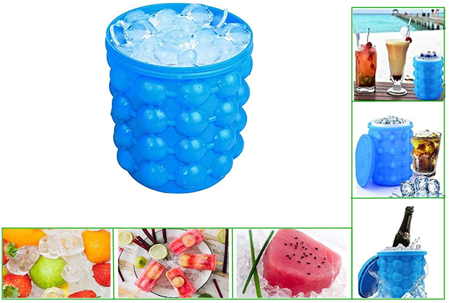 BULUSHI Large 2 in 1 Silicone Ice Bucket & Ice Mold with lid,Silicon Ice Cube Maker Genie, Portable Silicon Ice Cube Maker Blue 13.2X13.2X14CM
