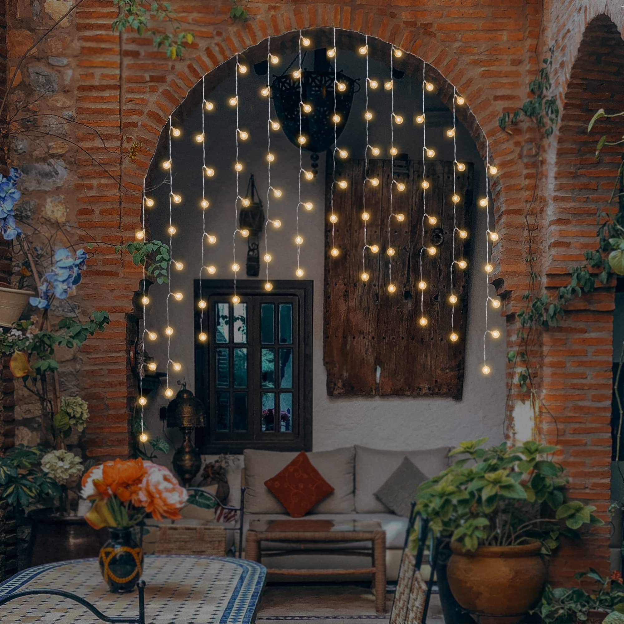 MANBOO LED Curtain Crystal Lights 6.6ft X 5ft 150 Crystal Balls Warm White, Solar Panel with Indicator, Waterproof Outdoor Icicle String Lights for Xmas Patio Garden Party Lawn Balcony Fence Decor