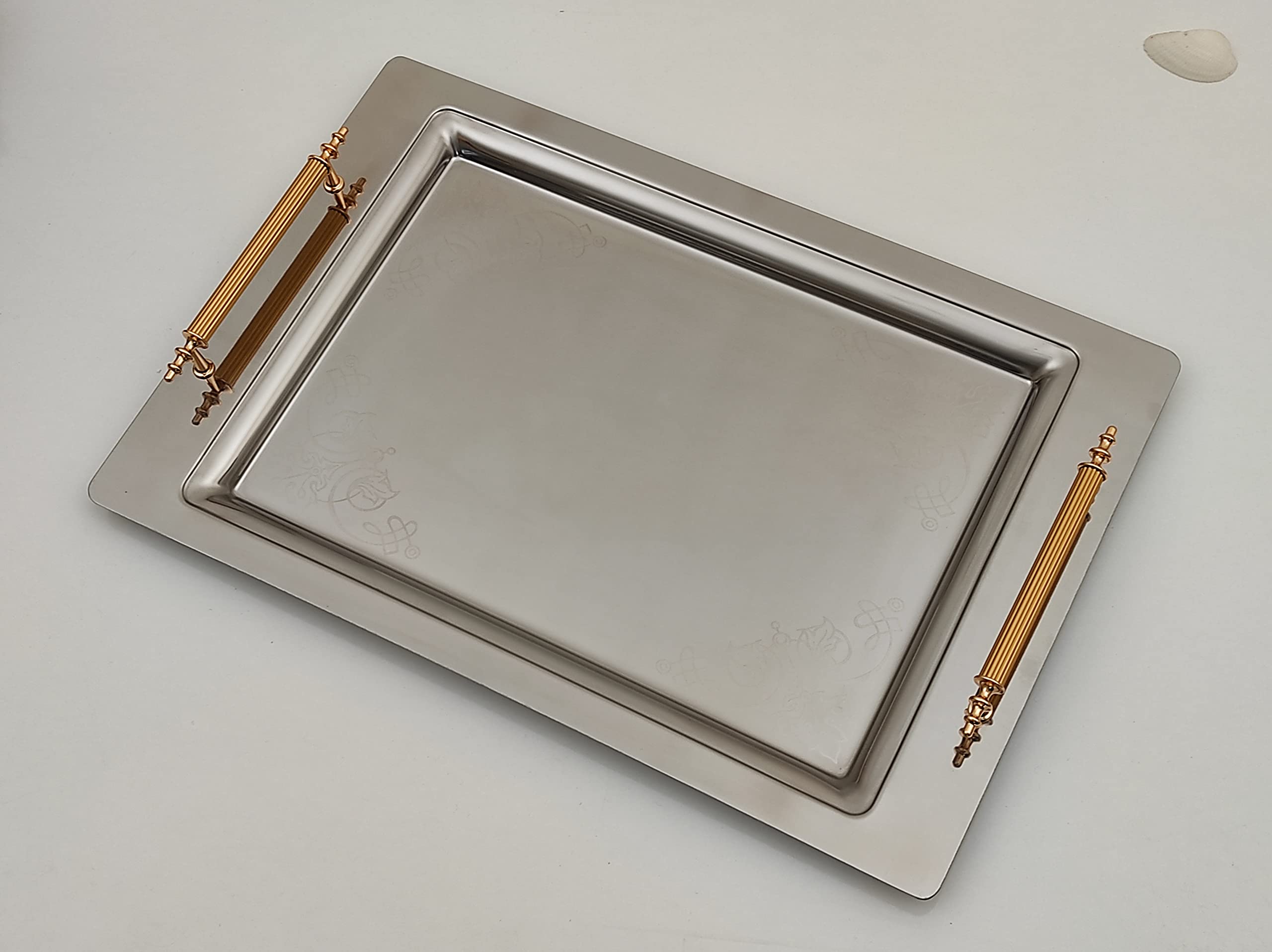 Candymosa Silver Serving Tray with Handles (18βx12β) - Stainless Steel Serving Tray for Drinks and Food - Silver Tray Decorative - Ideal as a Coffee Tray, Bar Tray, Silver Platter or Turkish Tray