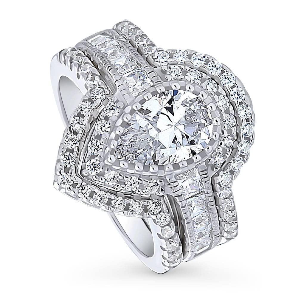 BERRICLE Sterling Silver Halo Wedding Engagement Rings Pear Cut Cubic Zirconia CZ Milgrain Ring Set for Women, Rhodium Plated Size 8
