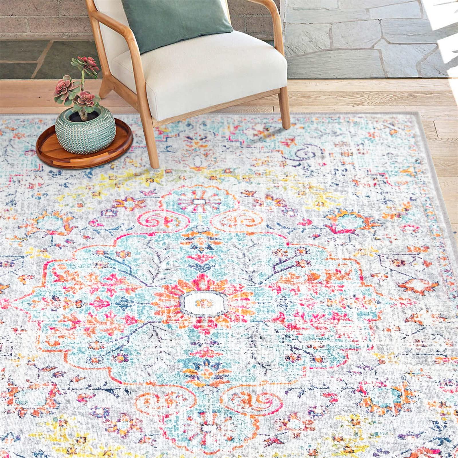 Estmy Colorful Boho Floral Oriental 4x6 Area Rugs - Ultra Thin Washable Stain Resistant Vintage Distressed Carpet Accent Rugs for Bedroom Living Room Dining Room