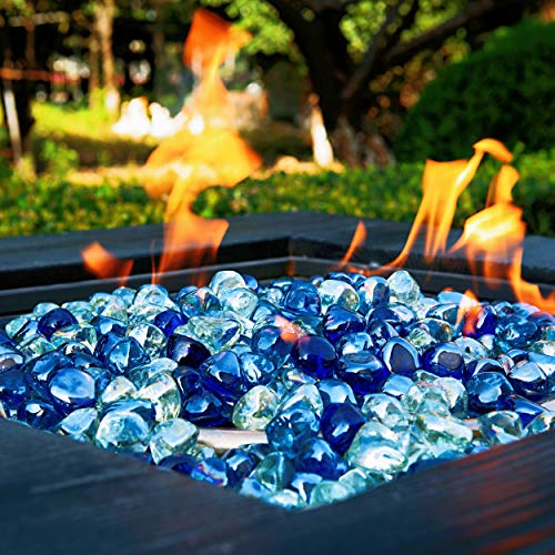 Chilli Cosmos Fire Glass Diamond 1 InchFire Pit Glass Rocks for Propane or Gas Fire Pit (10 Pounds White/Cobalt Blue/Margarita Azura Blue Blend) Gift Package