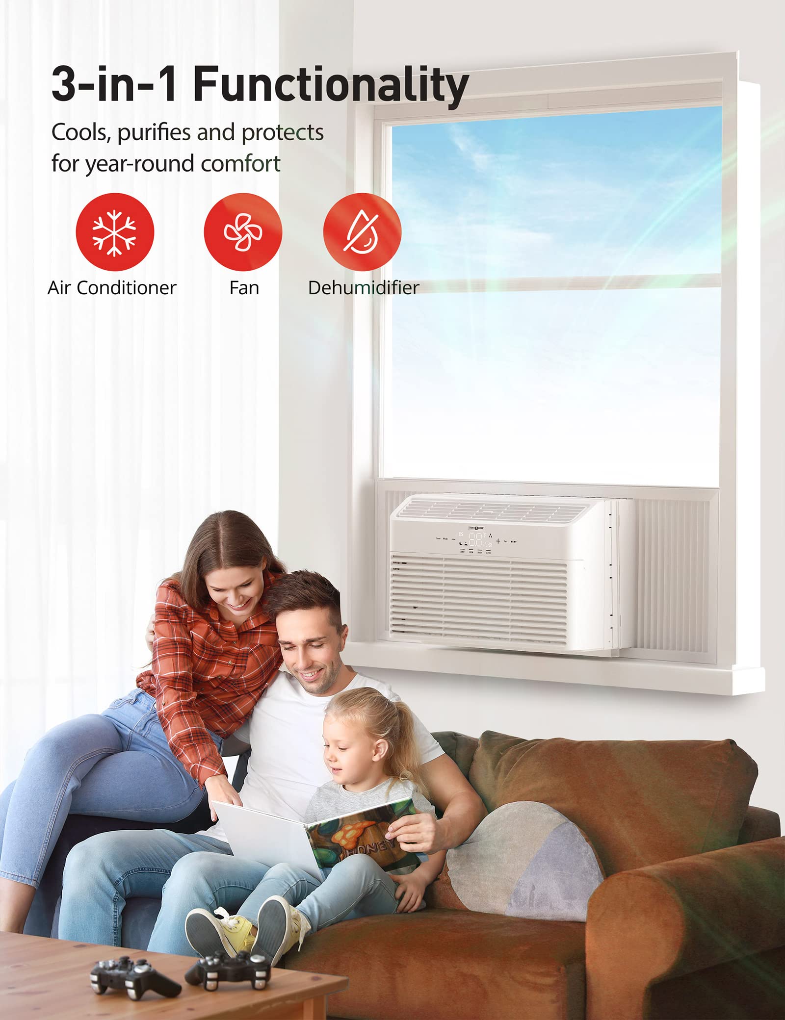 Window Air Conditioner, 8,000 BTU AC Unit for Room Window-Mounted AC with 4 Fan Speeds 5 Modes 24-Hour On/Off Timer Quiet Sleep Mode Remote Control AC Cooler up to 350 sq. ft