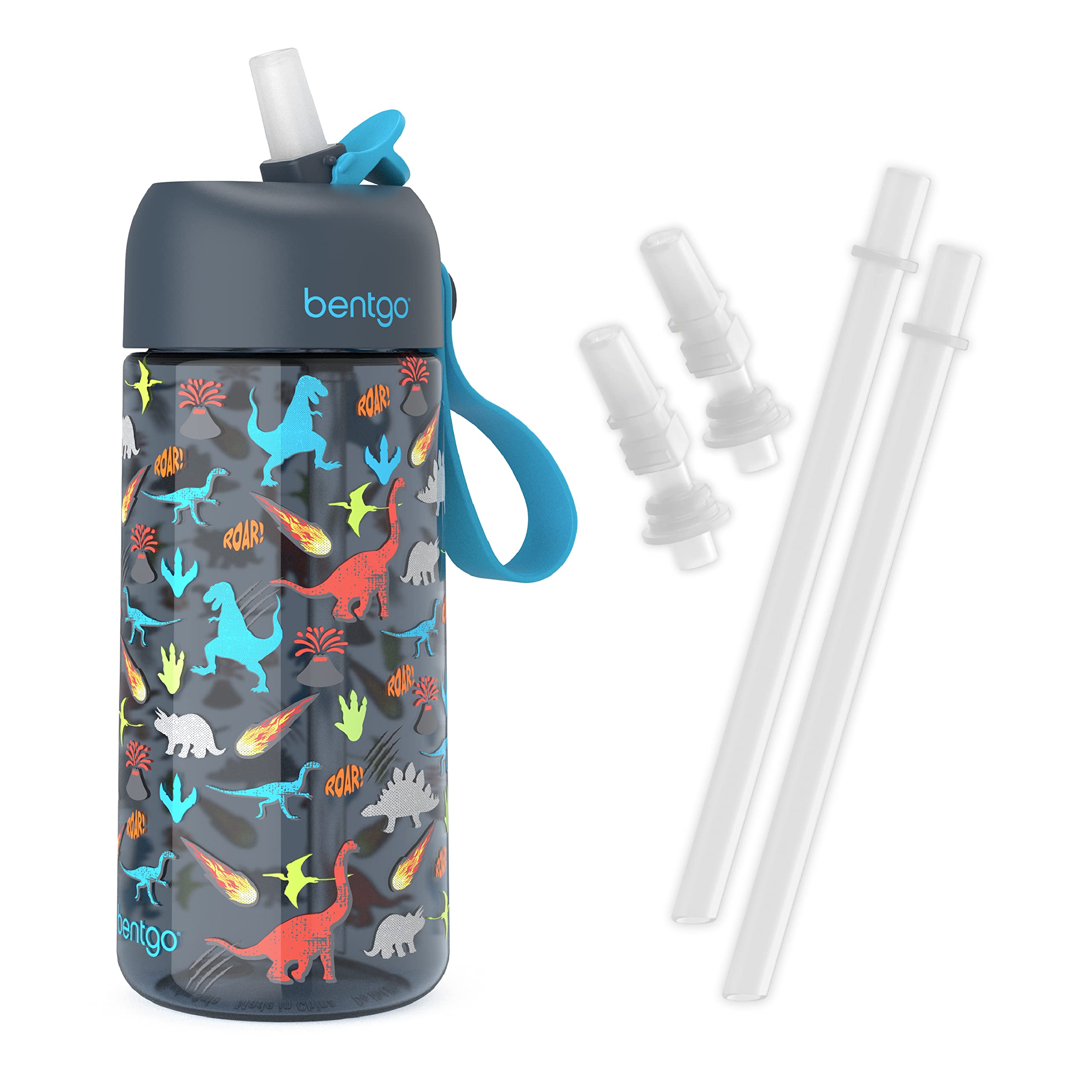 Bentgo® Kids Water Bottle - New & Improved 2023 Set With 2-Pack of Water Bottle Replacement Straws (Dinosaur)