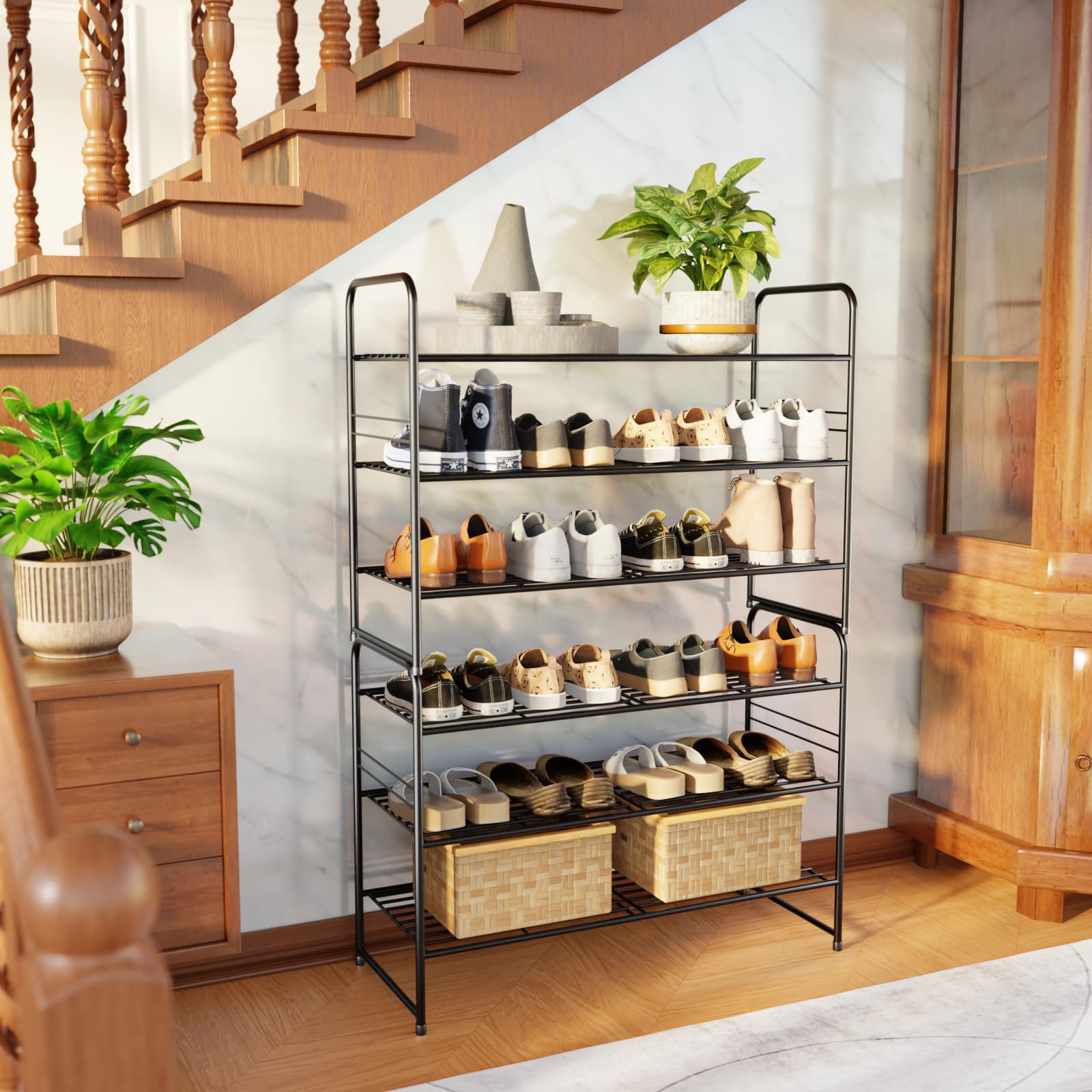 GEORIS 3 Tier Shoe Rack for Closet, Stackable & Adjustable 32" L Shoe Storage Organizer Sturdy, All Metal, Black