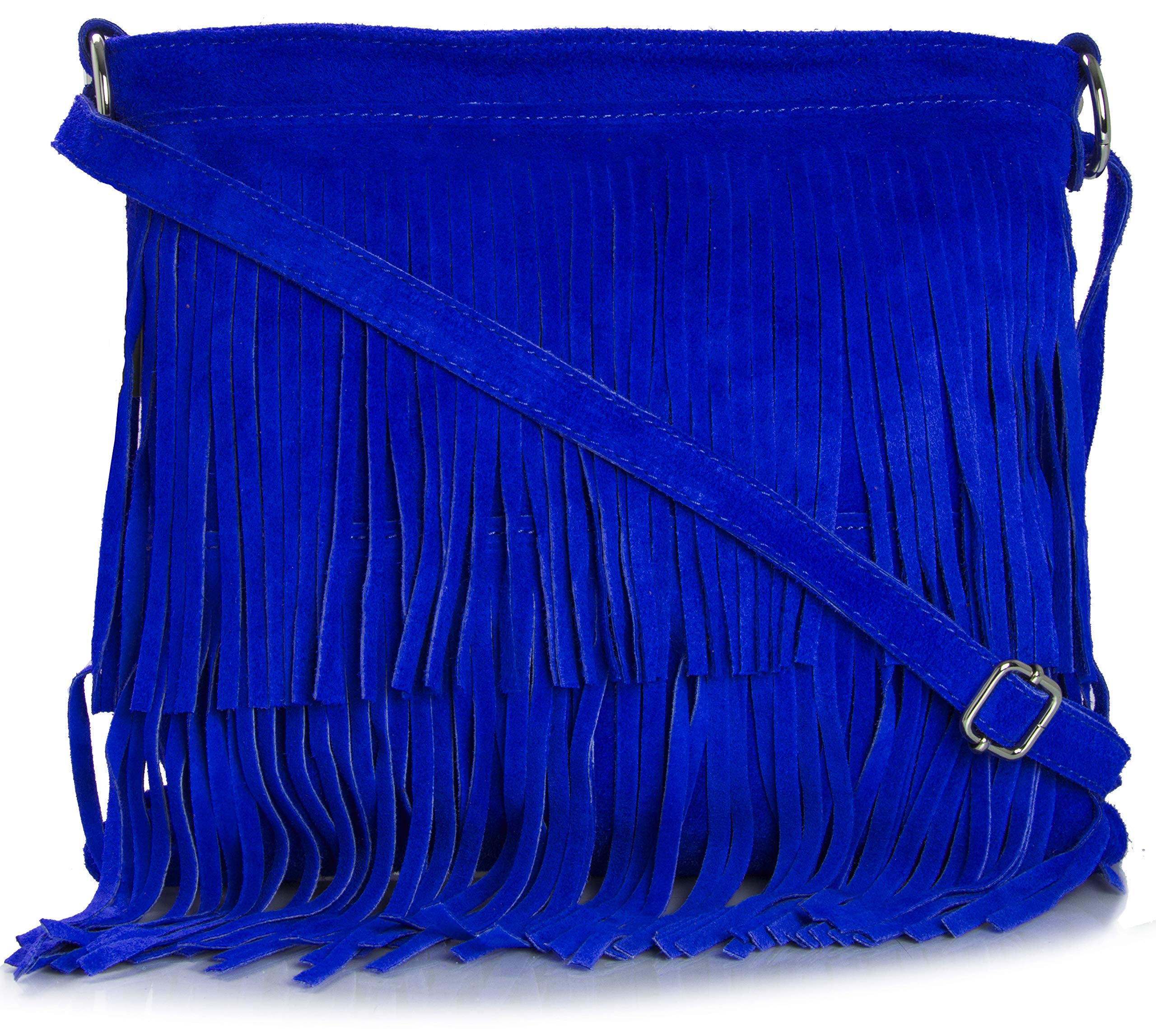 LiaTalia Womens Fringe Handbag - Real Italian Suede Leather - Tassle Effect Shoulder Bag in Medium Size - ASHLEY [Electric Blue]