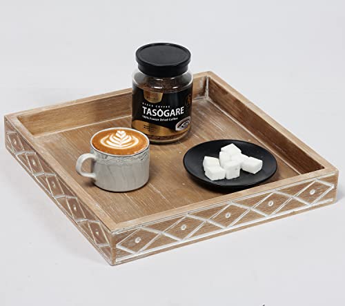 Dugunusu Farmhouse Wood Decorative Tray 12''X12'', Rustic Serving Tray, Tray for Ottoman, Coffee Table, Kitchen Counter, Crafts, Display (Square Brown)