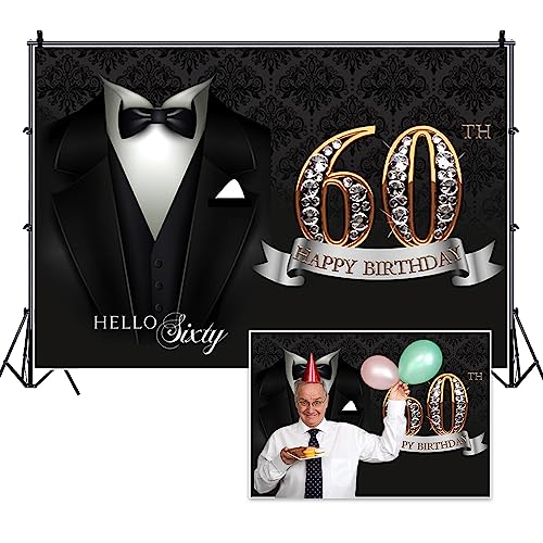 DORCEV 5x3ft Men 60th Birthday Party Backdrop Black Gold Diamonds Bow Tie White Shirt Suit Tuxedo Backdrop for Birthday Party Hello Sixty Happy 60th Birthday Dinner Party Background Banner Props