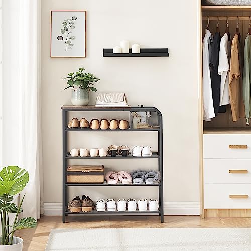 IDEALHOUSE Shoe Rack for Entryway, 5 Tier Shoe Storage Shelves with Mesh Storage Basket, 16-20 Pairs Shoe Organizer with Wooden Top Shelf for Closet, Hallway, Entryway, Rustic Brown