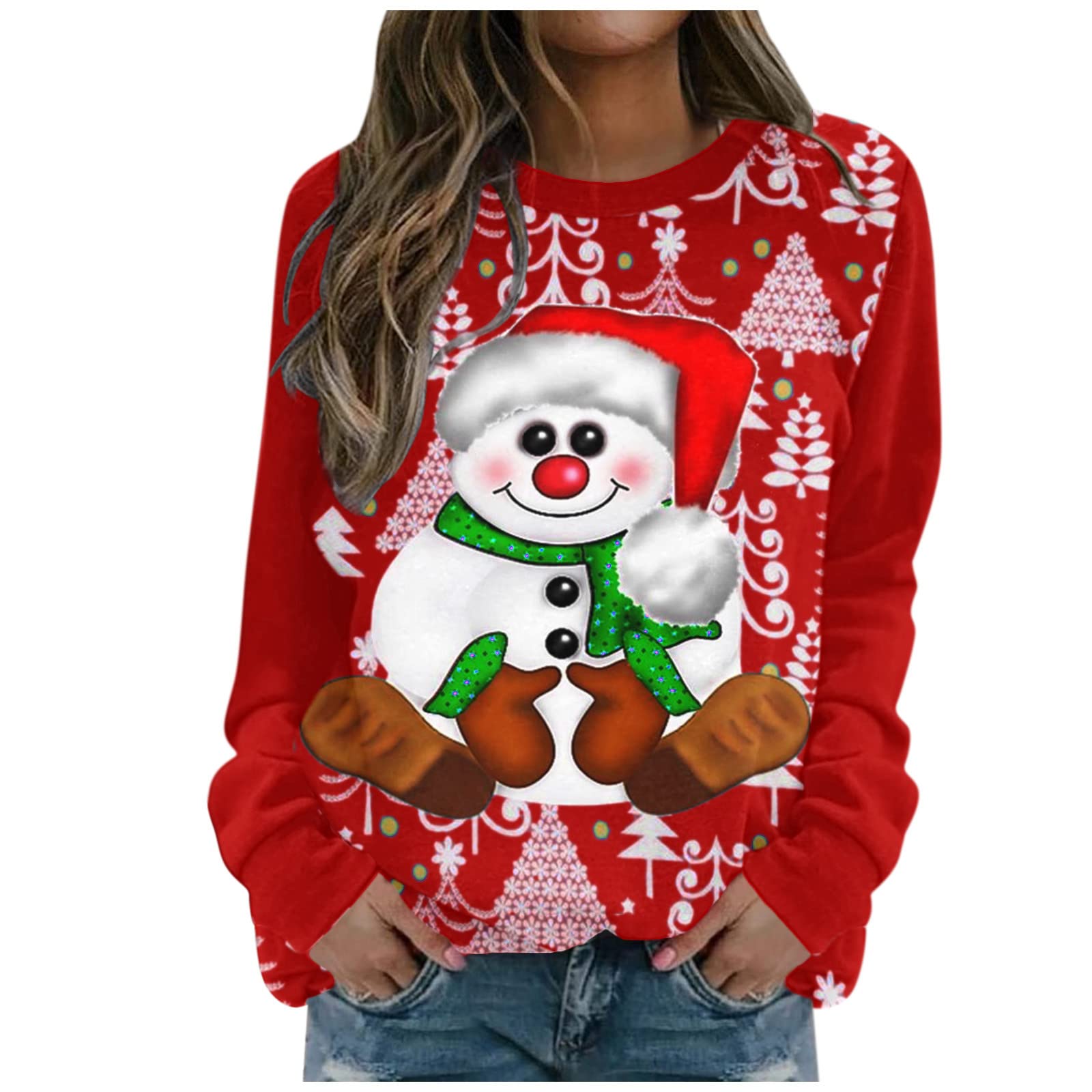 Blouses For Women Business Cute Elk Pattern Blouse Long Sleeve Sweatshirts Relaxed Fit Workout Tops Baseball T-Shirt Red