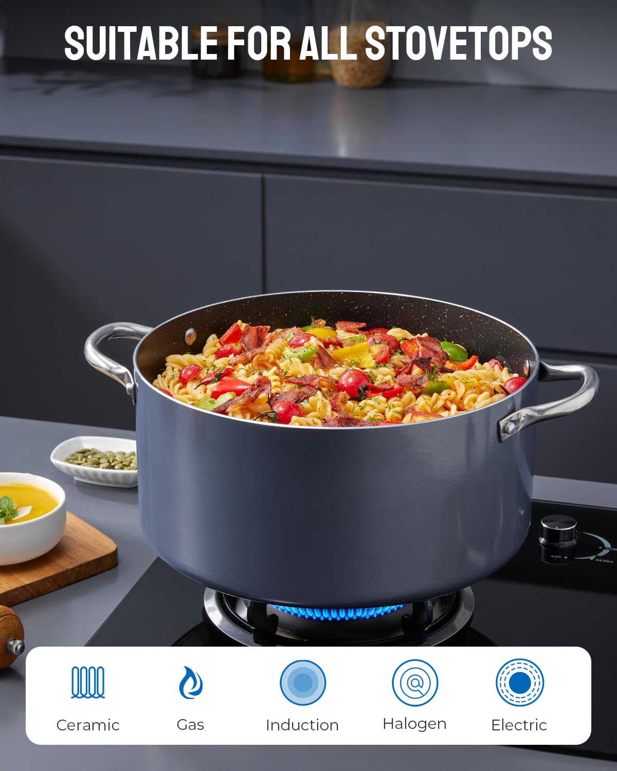 BEZIA 10 Quart Cooking Pot, Large Non Stick Induction Stock Pot with Lid, All Stove Compatible, 10 QT Aluminum Soup/Stew Pot For Large-batch Cooking, Grey