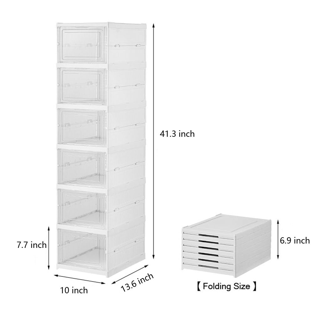 BLSFAOEM Foldable Shoe Rack Organizer Size up to 14,No Assembly Stackable Shoe Storage Box with Doors,Free Standing Plastic Space Saving Shoe Cabinet Bins Dustproof 6 Tiers