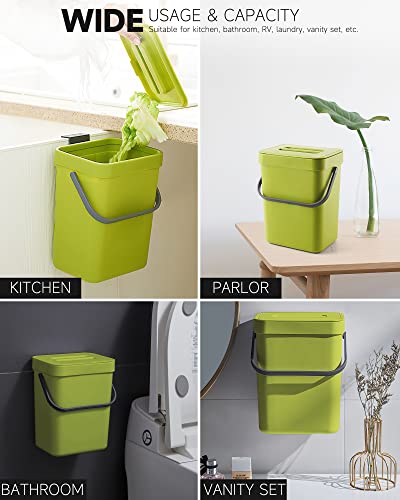 Compost Bin for Kitchen Countertop - MONGTINGLU 5L/1.3 Gal Hanging Small Trash Can with Lid, Kichen Under Sink Trash Can, Wall Mount Indoor Compost Bucket with Lid(Lime Green)