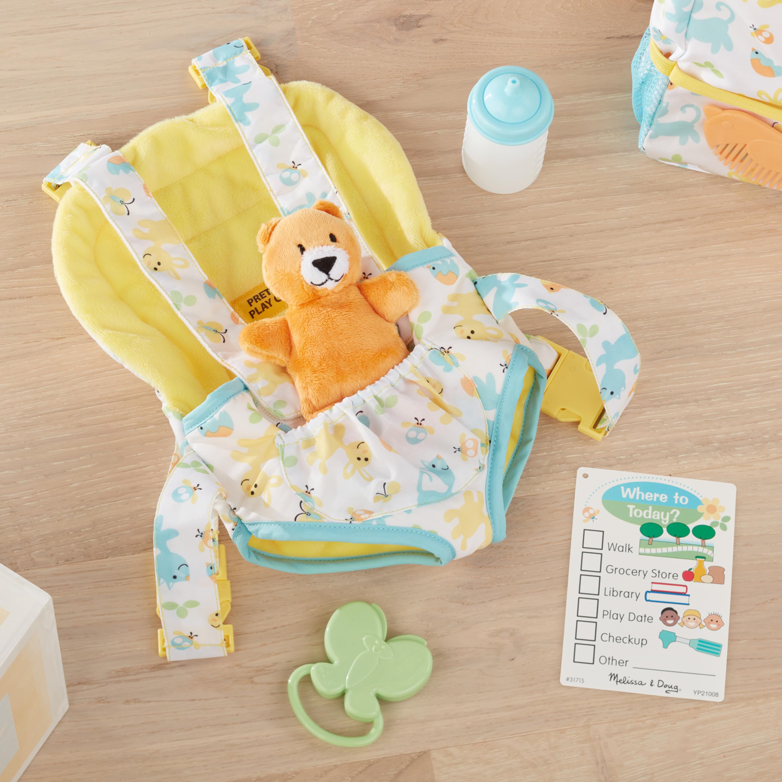 Melissa & Doug Mine to Love Carrier Play Set for Baby Dolls with Toy Bear, Bottle, Rattle, Activity Card, 14.25 x 8.25 x 2.5