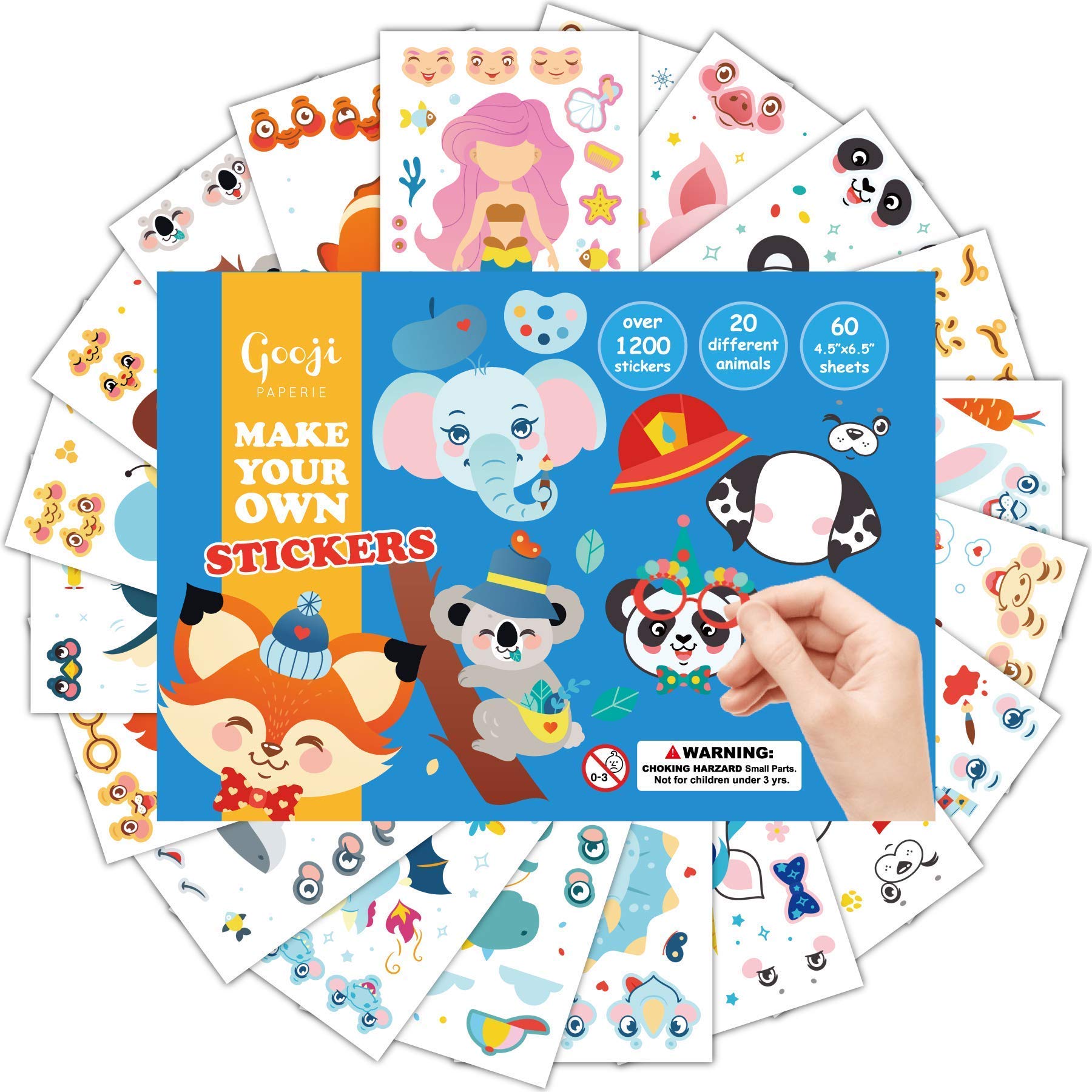 Gooji DIY Make Your Own Stickers for Kids, 60 Sheets Over 1,200 Stickers, 20 Funny Characters and Animals, Customizable Faces with Accessories, Reusable for Party Favors or Arts and Crafts Projects