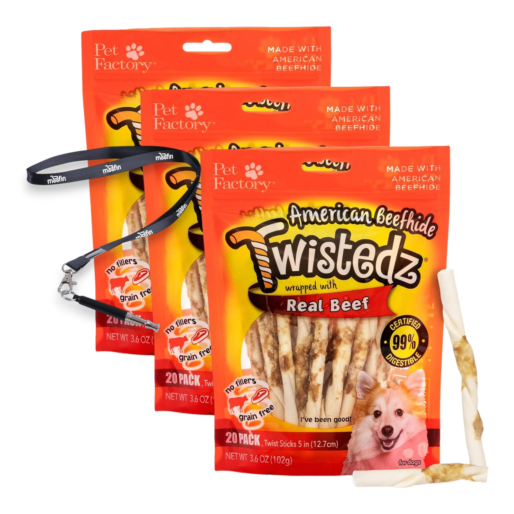 Frontier Turmeric Root Powder Beef Hide Dog Chews Treats 3.6 Oz, 20 Count, 5" Twistedz with Real Beef Center, Bundle Training Stainless Steel clicker Whistle [Pack of 3]