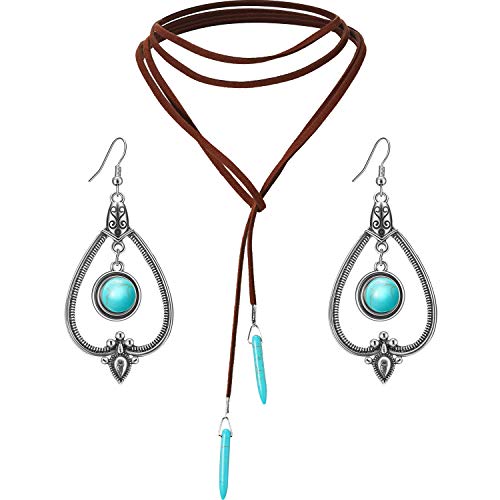 Hicarer Bohemian Turquoise Pendant Long Choker Suede Choker Necklace with Vintage Turquoise Statement Dangle Earrings for Women