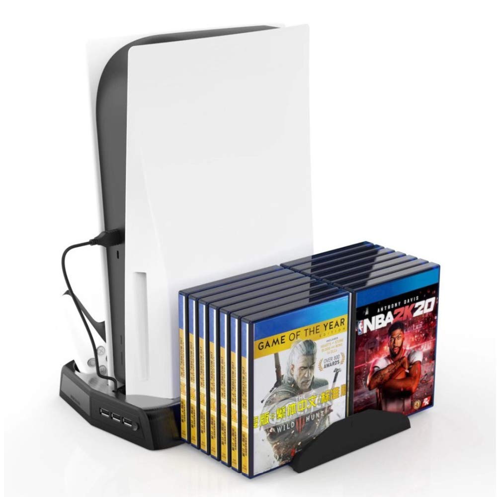 LULU MART PS5 Console with Dualsense Charging Station Cooling Fan Vertical Stand, Retractable Video Game Disc Storage for PS5 All in 1 Console Playstation 5 Console