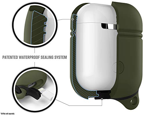 Waterproof Airpods Case 2 & 1 Cover by Catalyst, Shockproof and Drop Proof air pods Protective Cover Soft Skin, Carabiner, Silicone Sealing, Compatible Wireless Charging - Army Green