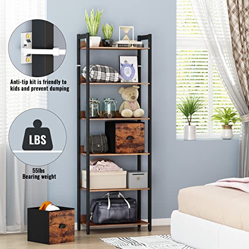 Furologee Nightstand Set of 2 with Charging Station, End Table with USB Ports&Power Outlets, 6-Tier Bookshelf, Tall Rustic Bookcase with 2 Drawers Storage Organizer