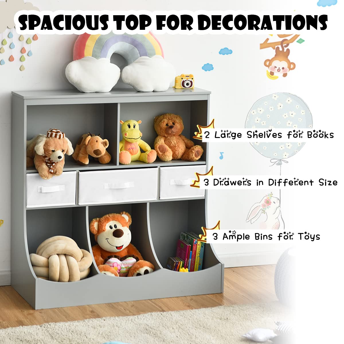 HONEY JOY Kids Toy Storage Organizer with Bookcase, 8-Cubby Organization Storage Cabinet w/Display Shelf & 3 Removable Fabric Bins, Wooden Toy Storage Unit for Playroom, Nursery Daycare(Gray)