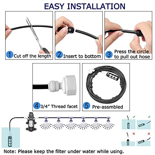 CozyCabin Outdoor Misting Cooling System with Pump - 40ft (12m) Misting Line with Filter + 6 Brass Mist Nozzles (3/4") for Patio Garden Greenhouse Watering Distribution System (12m (40ft))