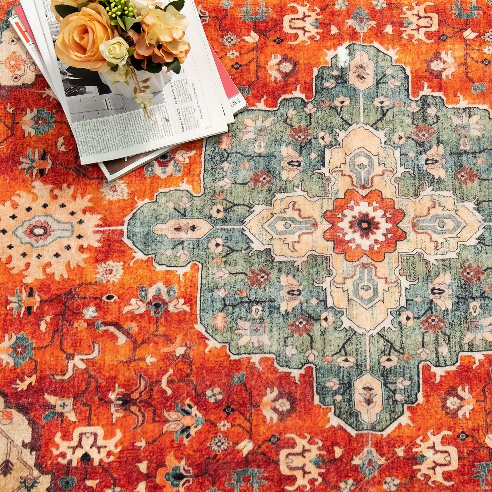 Castage Boho Rug 3x5,Washable Area Rugs for Bedroom Living Room Kitchen Entryway,Small Vintage Bohemian Distressed Non Slip Oriental Tribal Carpet,Retro Rust