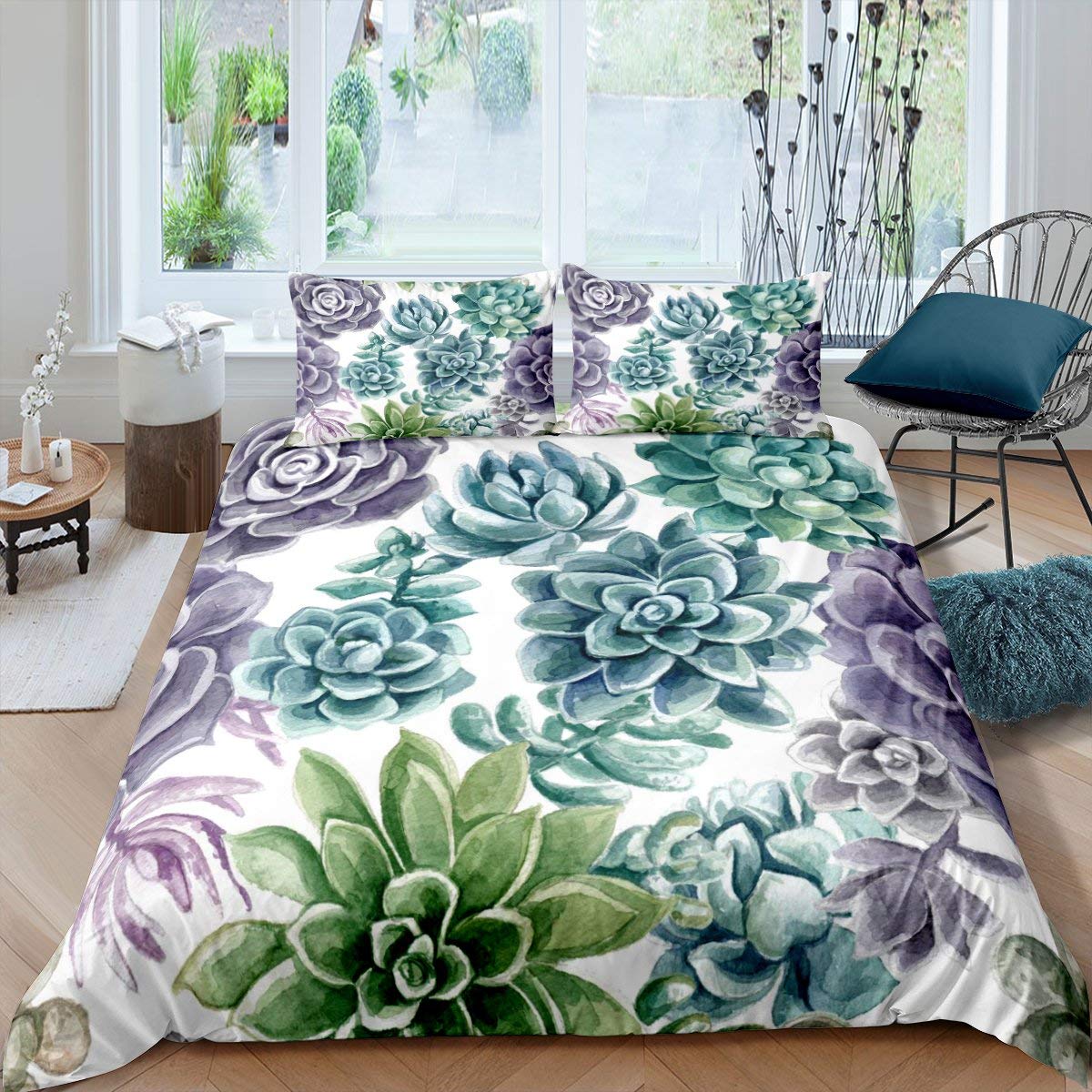 Erosebridal Succulent Bedding Set Desert Plant Duvet Cover Queen Size Watercolor Succulent Comforter Cover Spring Bontical Theme Bedspread Cover for Living Room Dorm Decorative, Purple Green