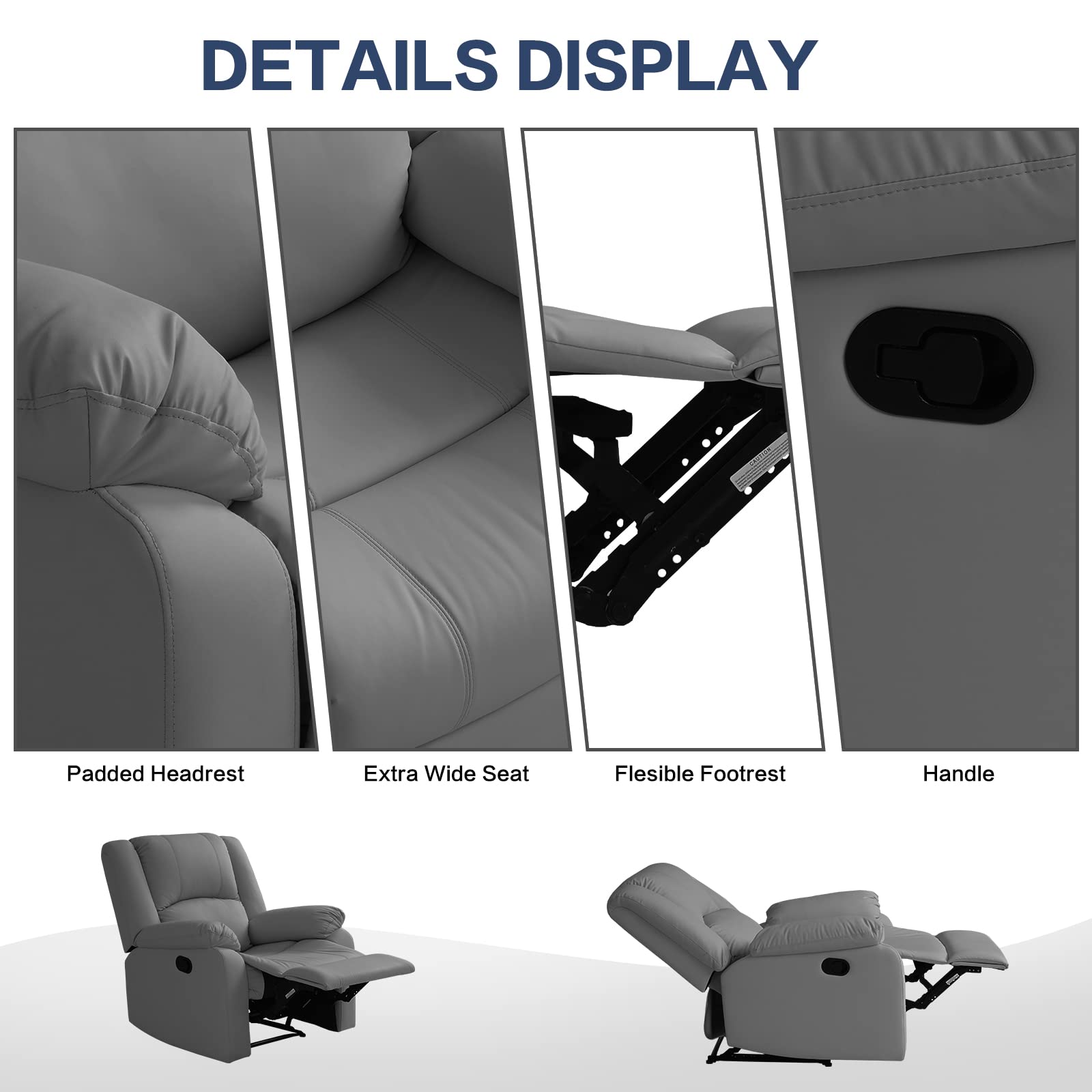 ASHOMELI Large Real Leather Recliner Chair, 150 Degree Tilt, Living Room Bedroom Sofa Recliner (Dark Grey)