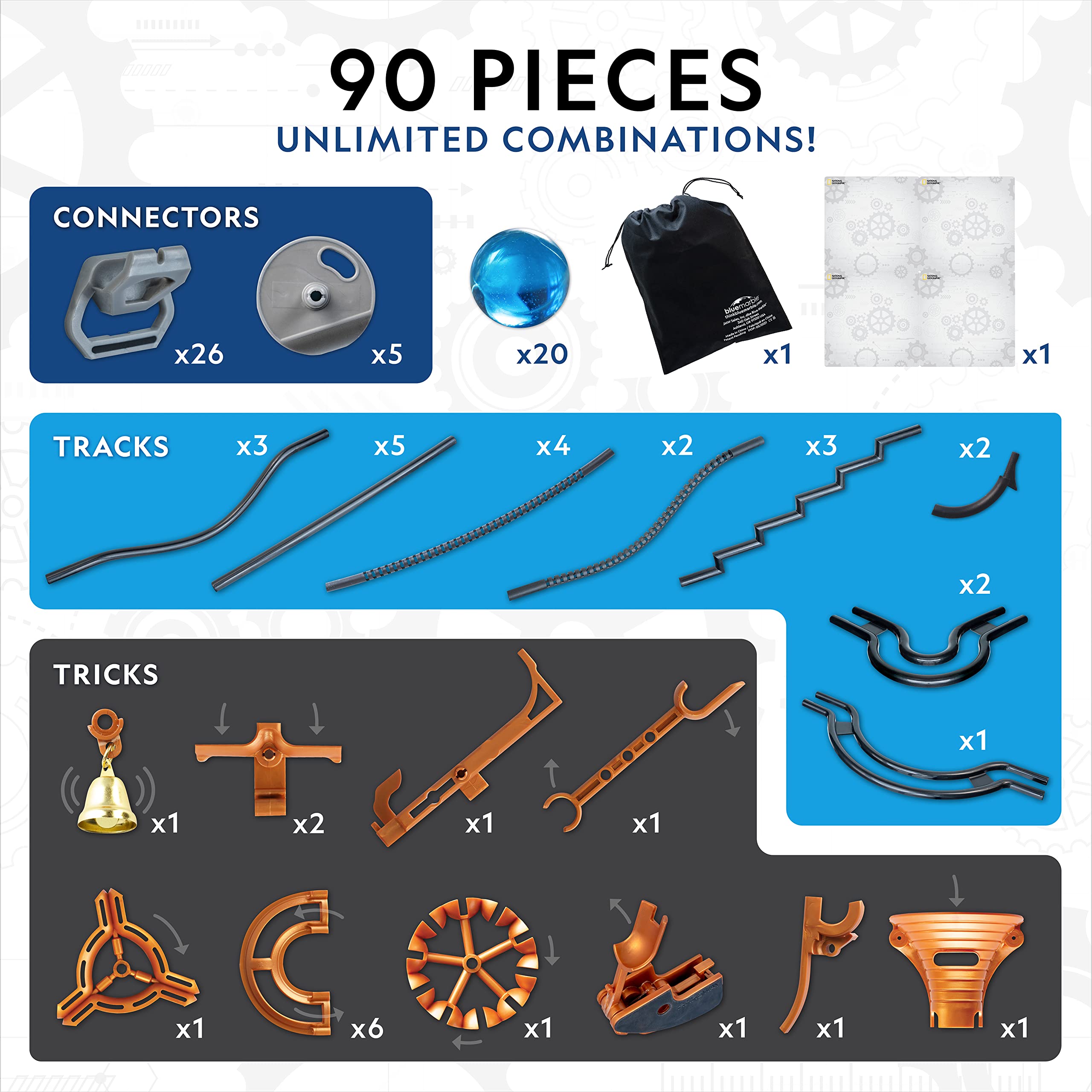 NATIONAL GEOGRAPHIC Magnetic Marble Run - 90-Piece STEM Building Set for Kids & Adults with Magnetic Track & Trick Pieces, Marbles & Magnet Board for Building A Marble Maze Anywhere